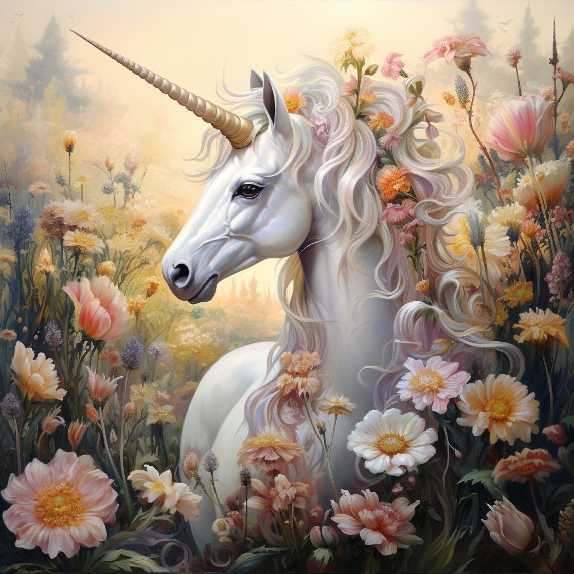 White Unicorn Hidden in the Flowers. - Etsy