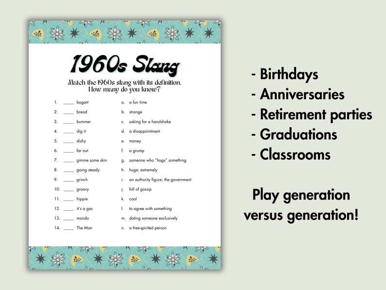 1960s Trivia Slang Game | Play With Kids and Adults | Digital Printable ...