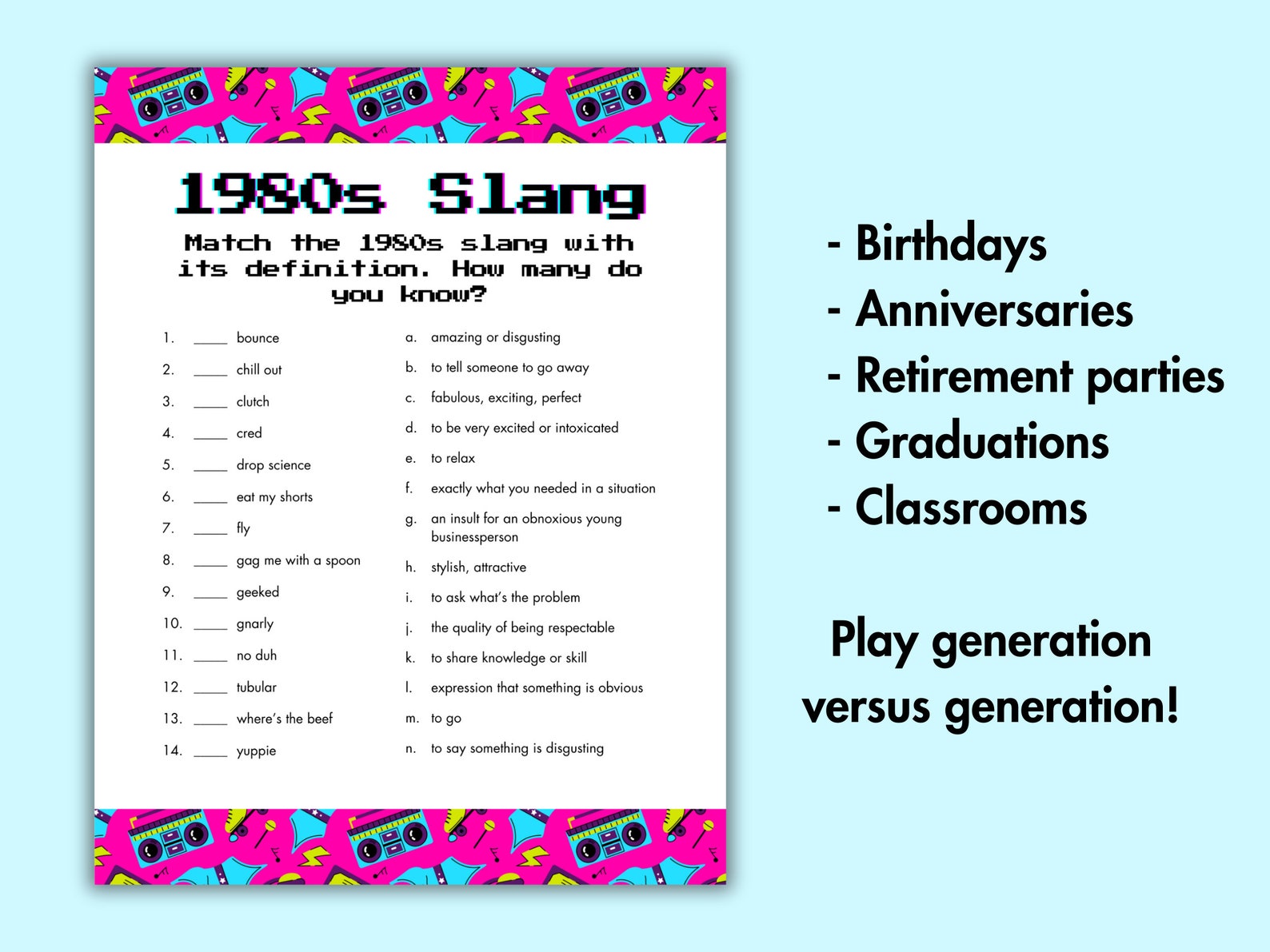 1980s Trivia Slang Game | Play With Kids and Adults | Digital Printable ...