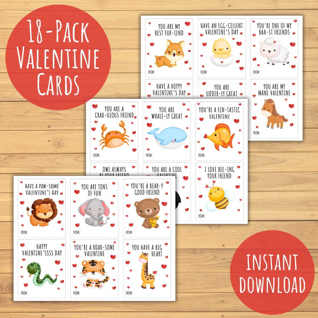 18 Pack Valentine's Day Cards Illustrated Animal Puns for Day of Love ...