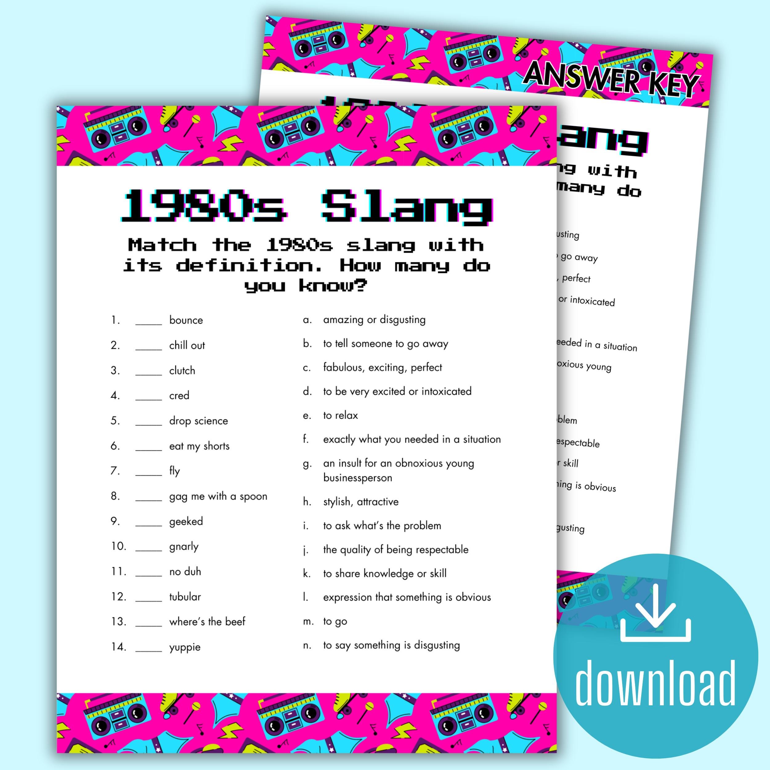1980s Trivia Slang Game | Play With Kids and Adults | Digital Printable ...