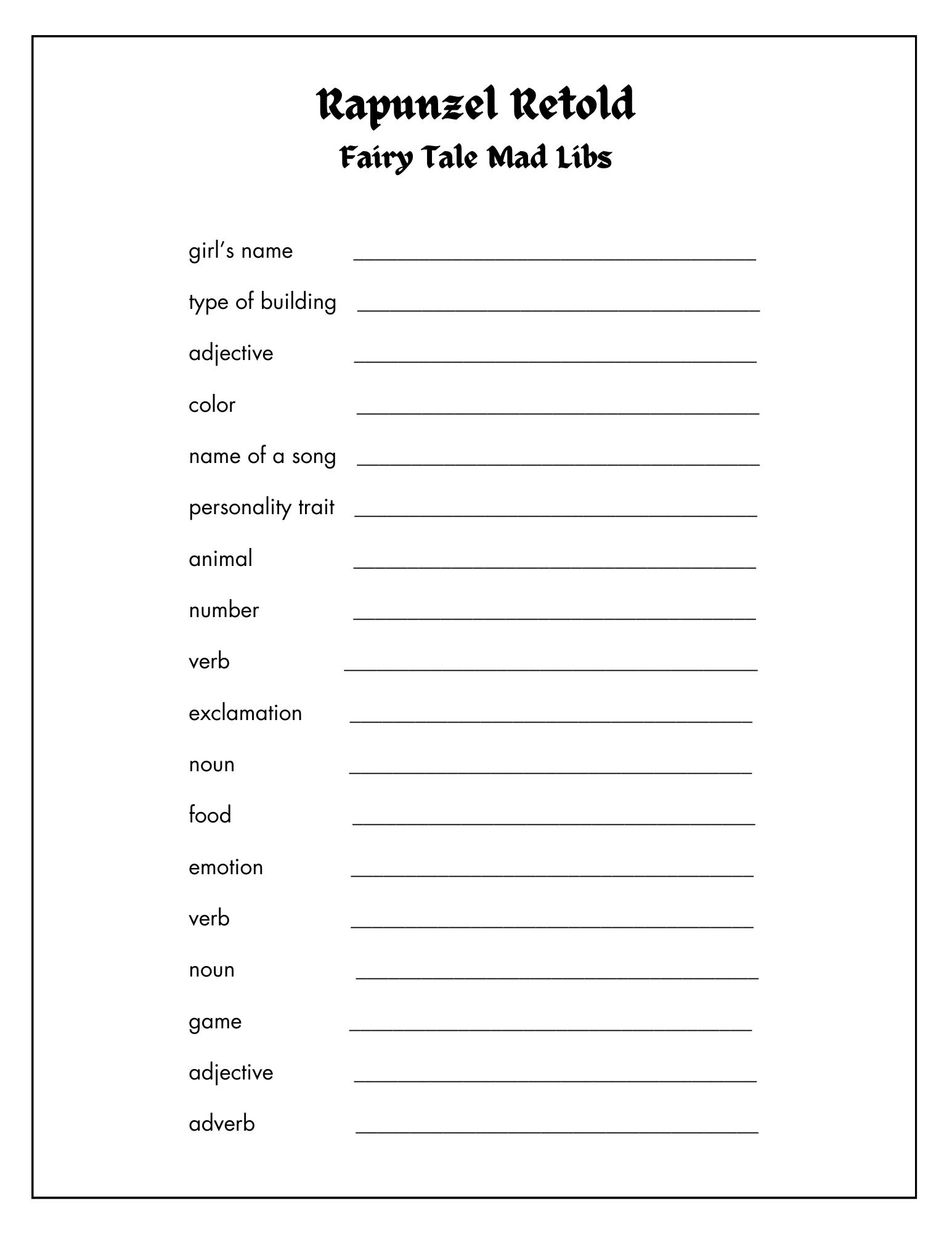 Fairy Tale Mad Libs Rapunzel Retold Download and Print Learning Word ...