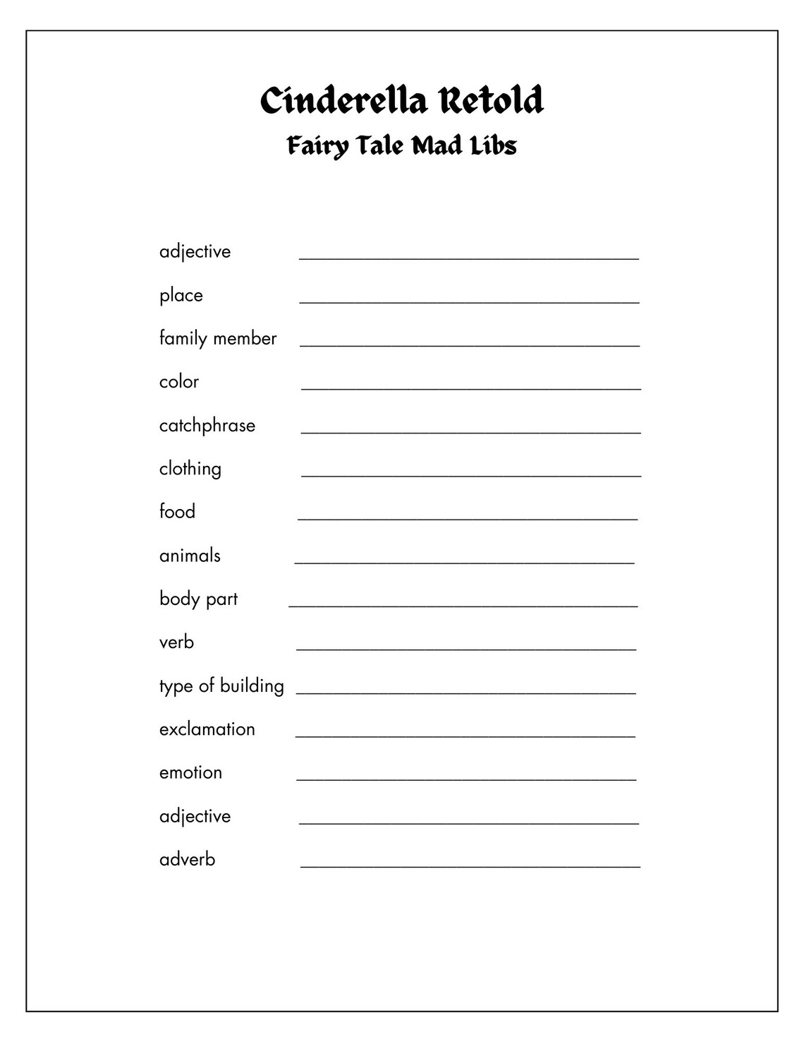 Fairy Tale Mad Libs Cinderella Retold Download and Print Learning Word ...