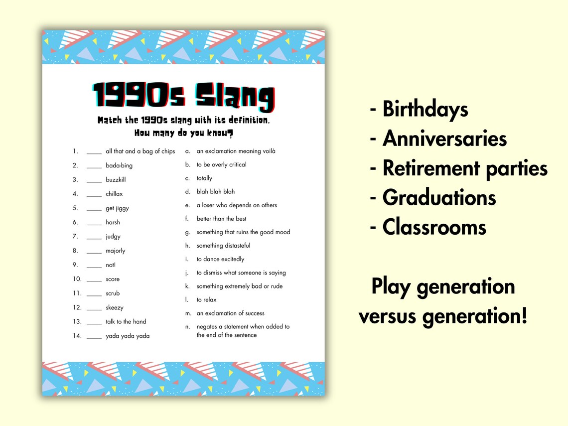 1990s Trivia Slang Game | Play With Kids and Adults | Digital Printable ...