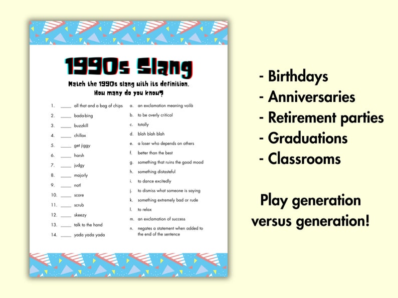 1990s Slang Trivia Game | Family Friendly Activity (digital Download ...