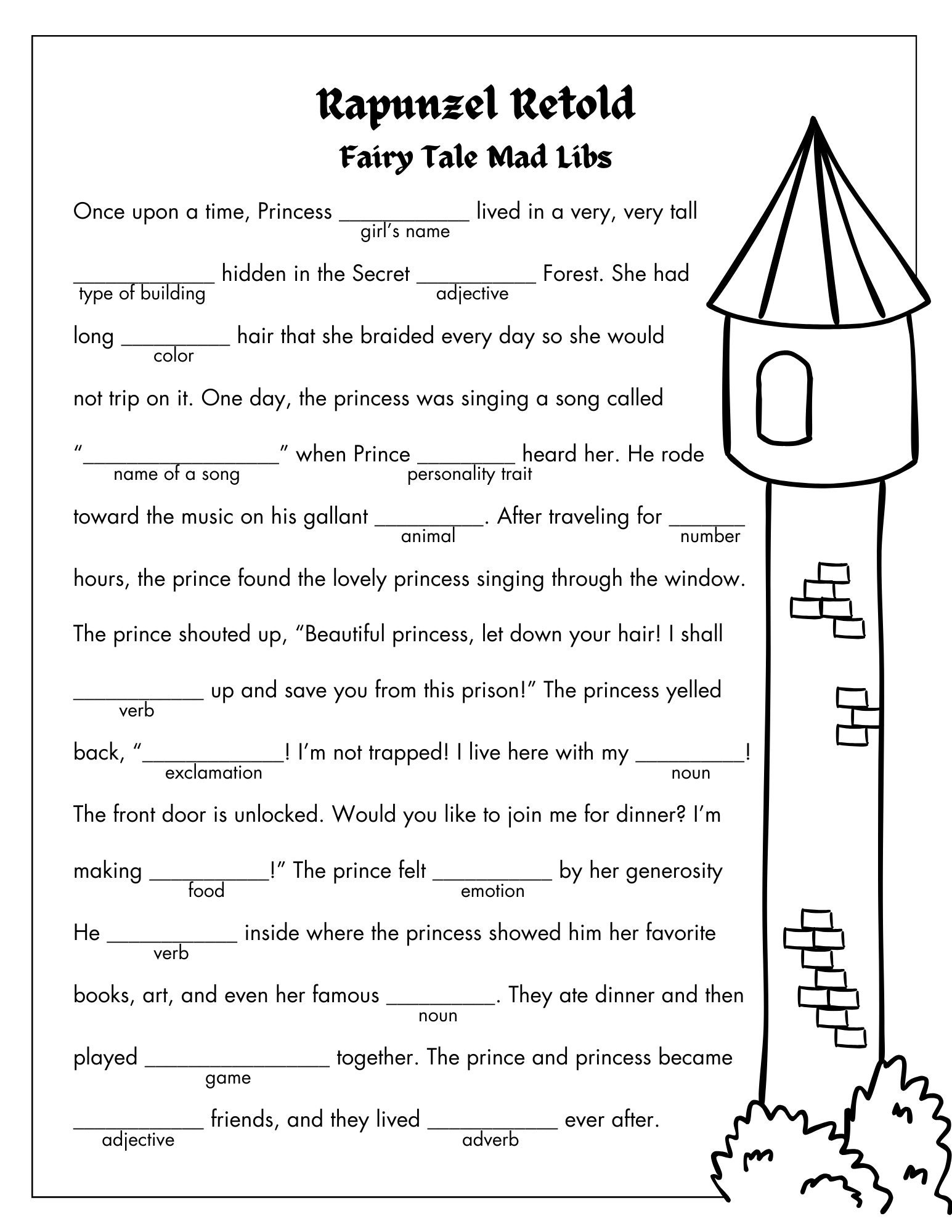Fairy Tale Mad Libs Rapunzel Retold Download and Print Learning Word ...