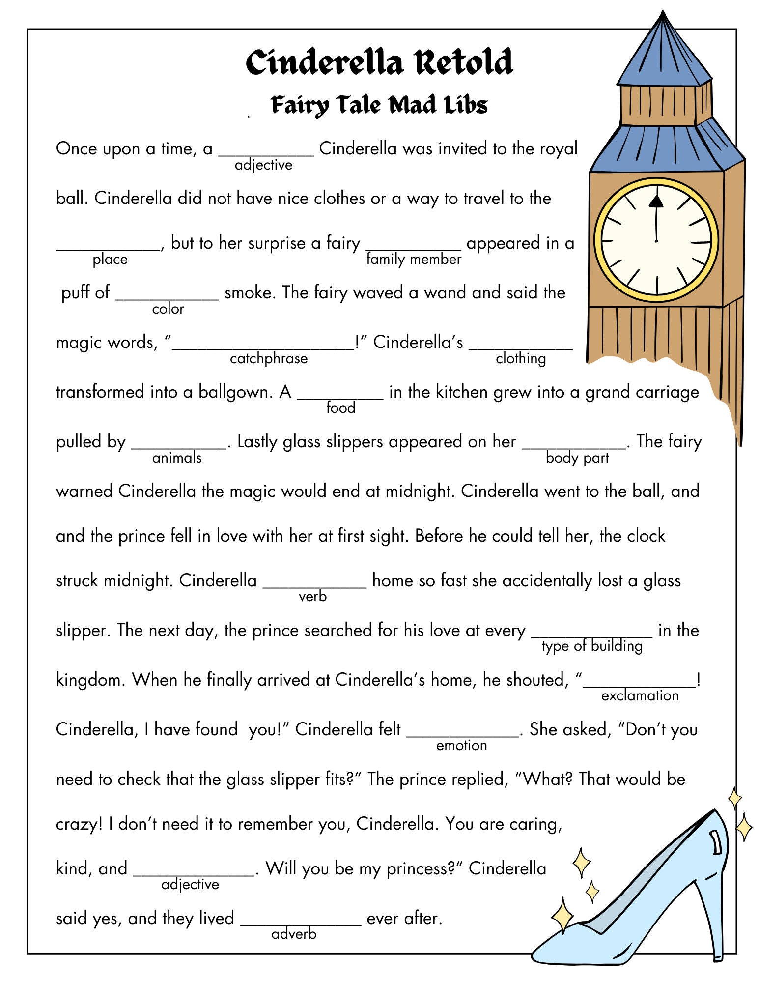 Fairy Tale Mad Libs Cinderella Retold Download and Print Learning Word ...