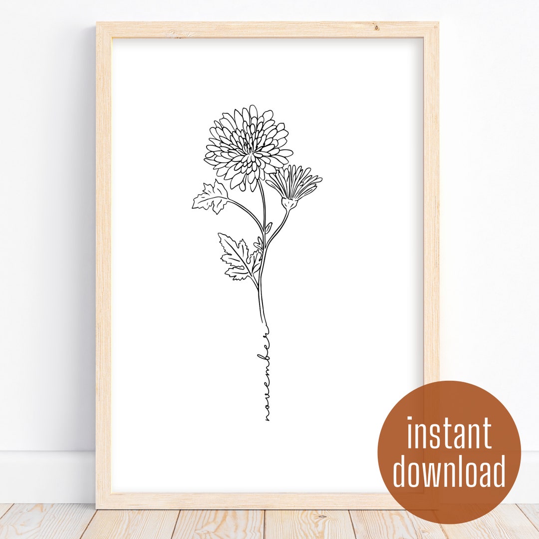 November Birth Flower Print: Chrysanthemum Minimum Line Art (digital ...