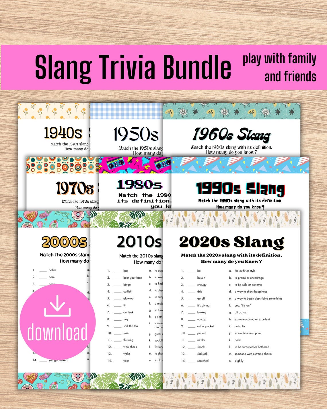 Slang by the Decades Trivia Game Bundle | Family Friendly Activity ...