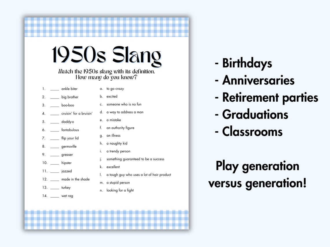 1950s Trivia Slang Game | Play With Kids and Adults | Digital Printable ...