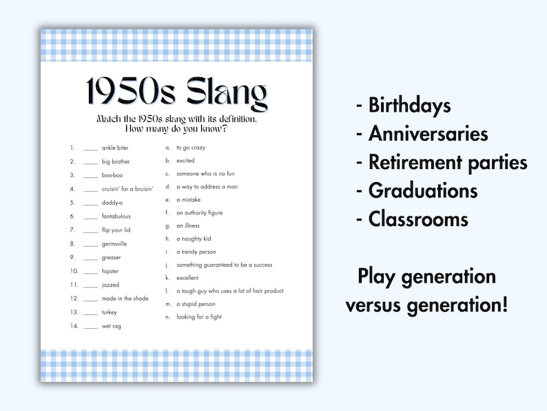 1950s Trivia Slang Game | Play With Kids and Adults | Digital Printable ...