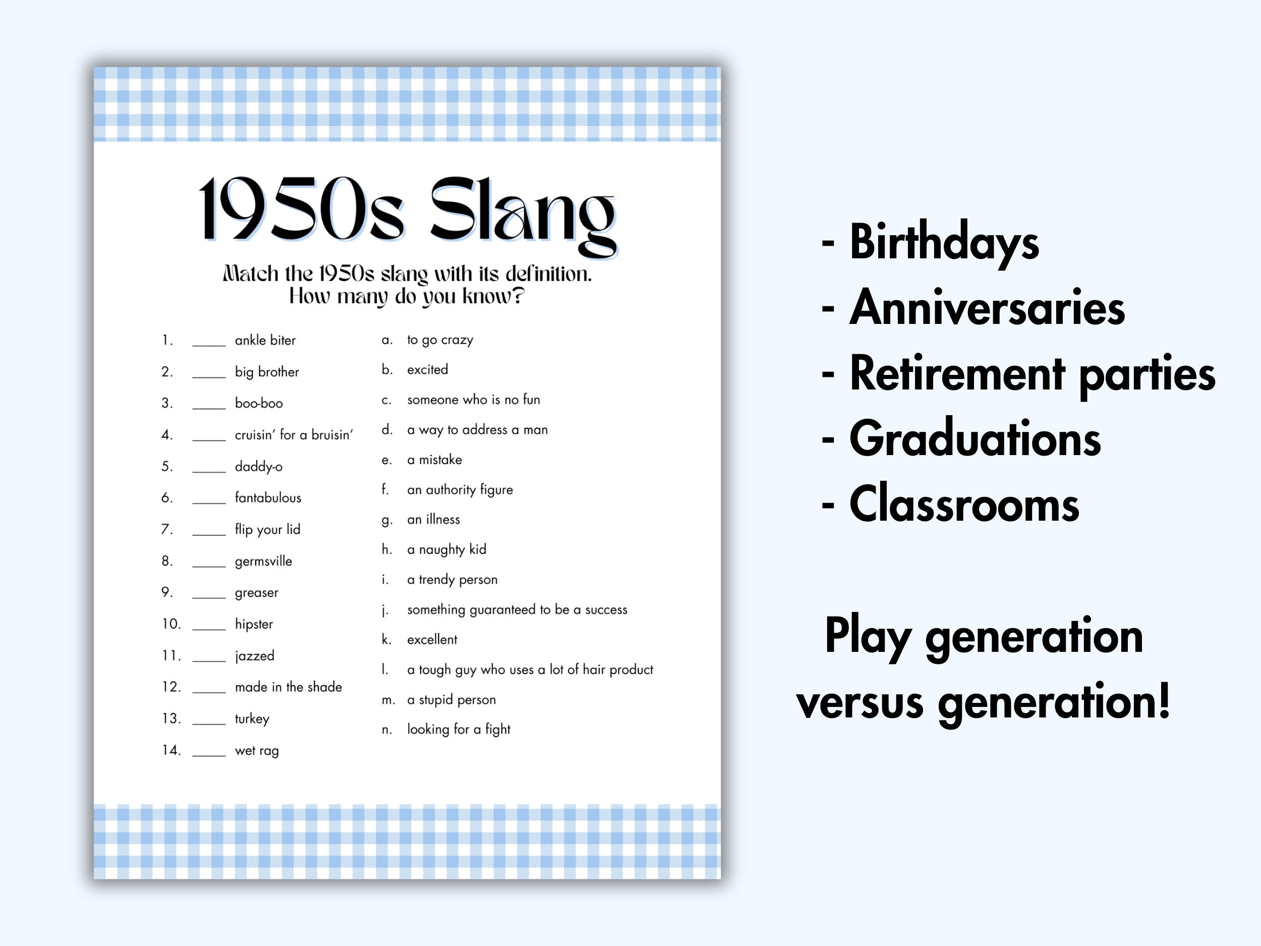 1950s Trivia Slang Game | Play With Kids and Adults | Digital Printable ...