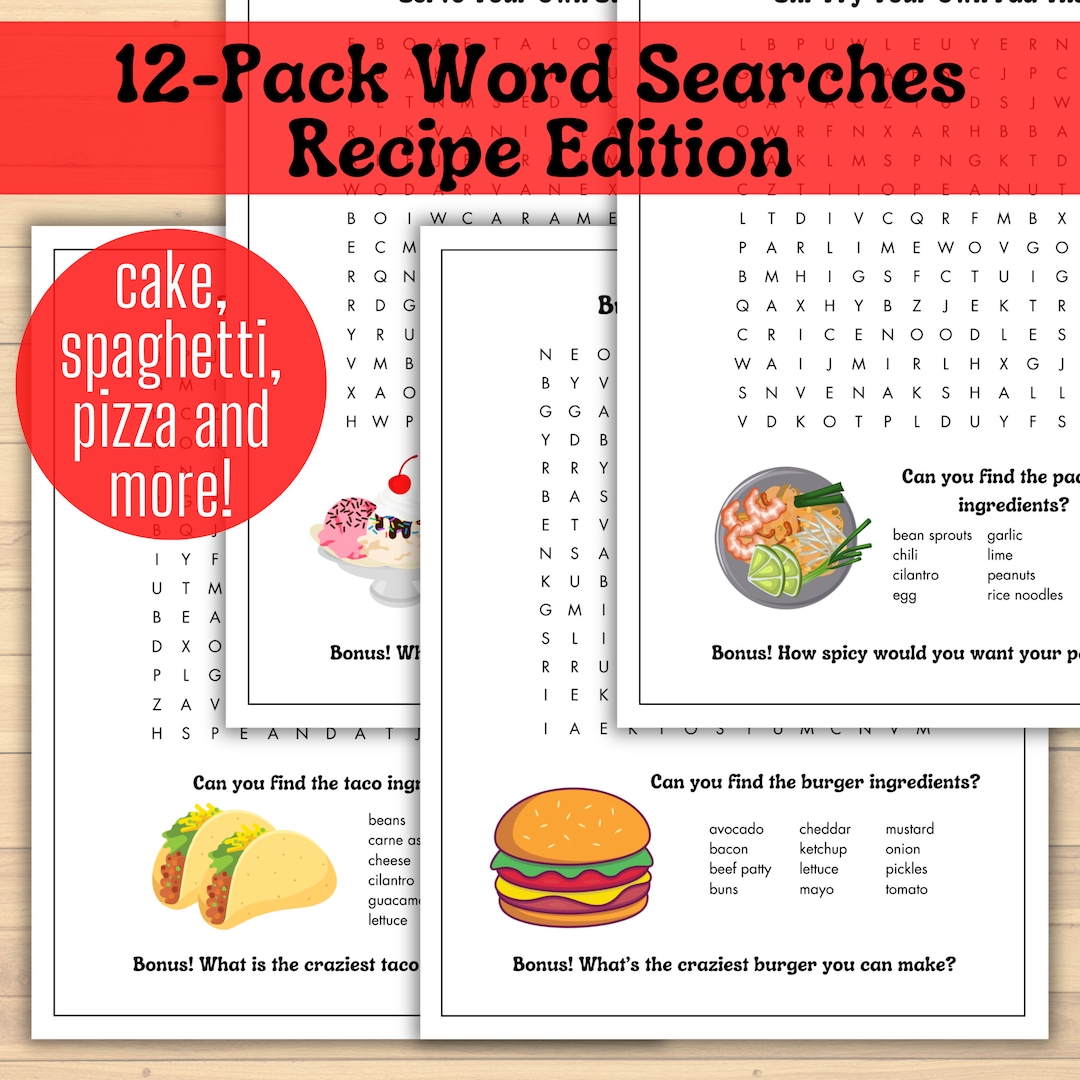 Recipe Word Search Games: 12-pack Learning Activity (digital Download ...