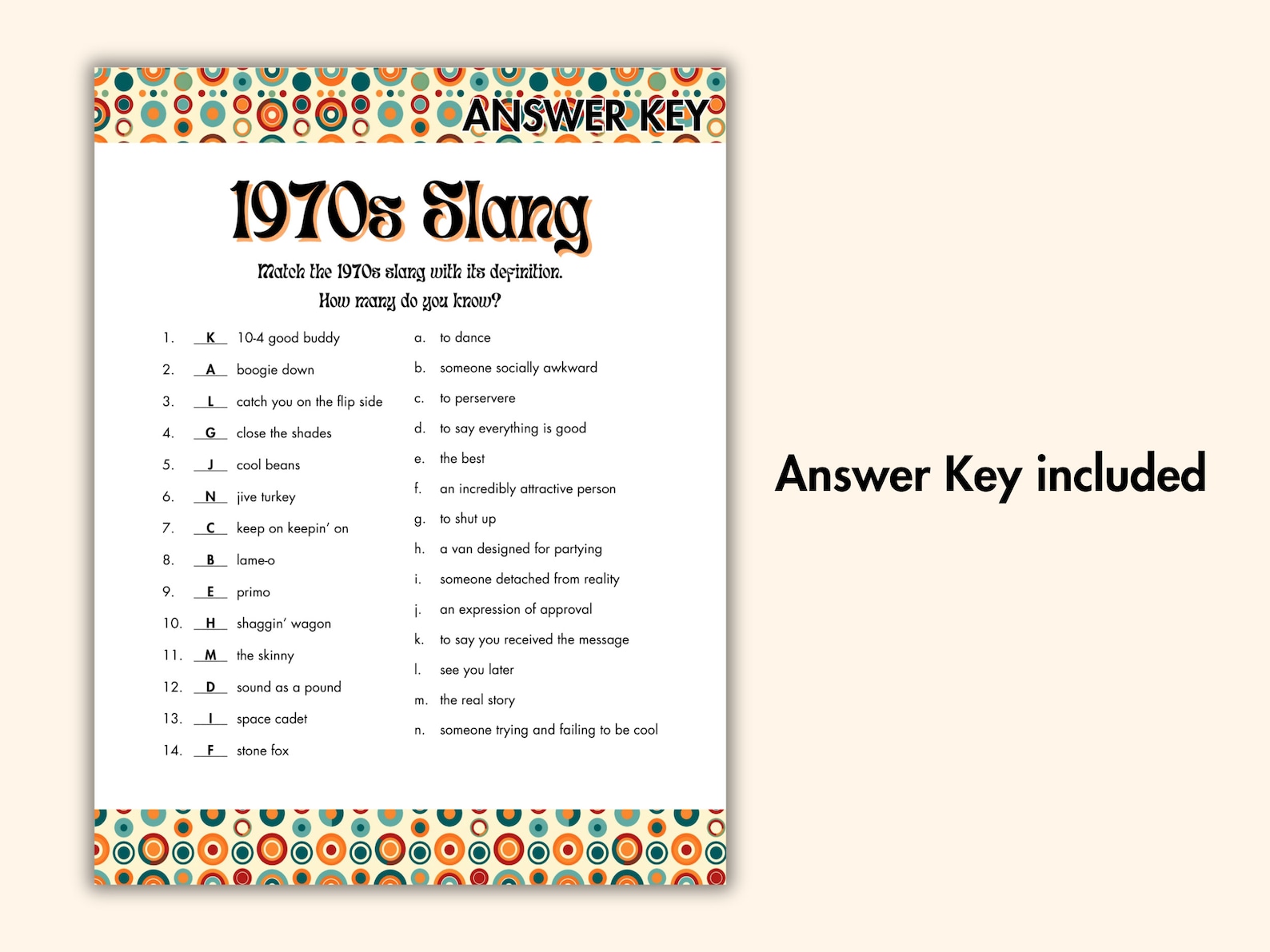 1970s Trivia Slang Game | Play With Kids and Adults | Digital Printable ...