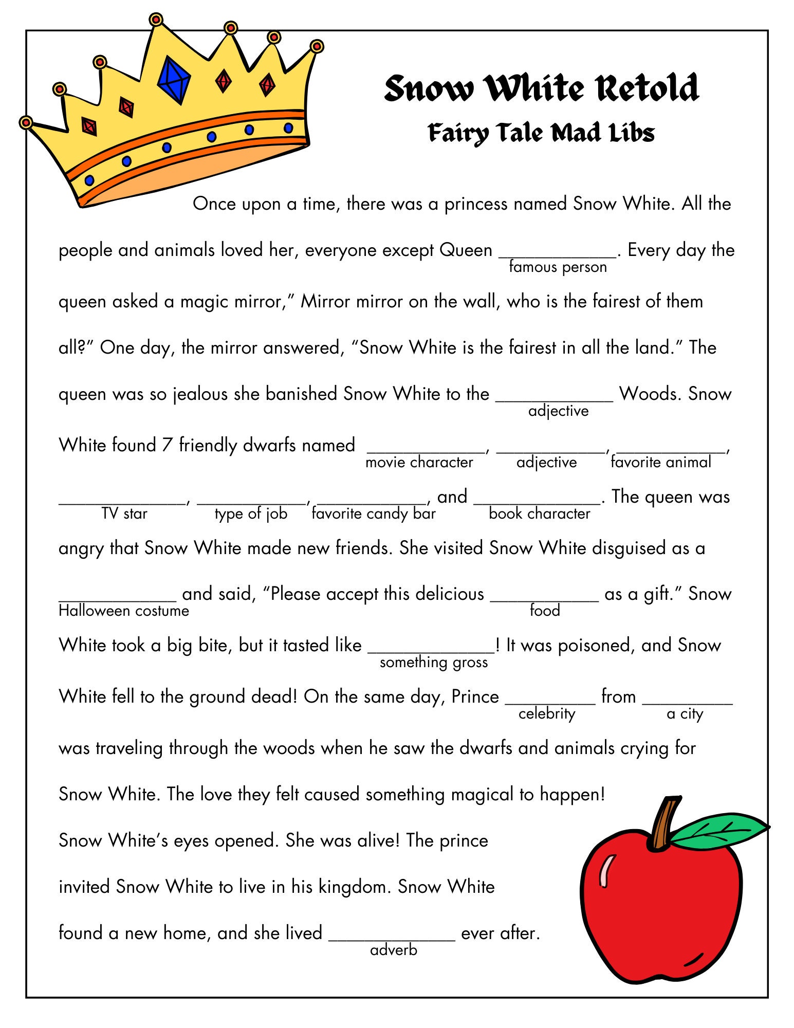 Fairy Tale Mad Libs Snow White Retold Download and Print Learning Word ...