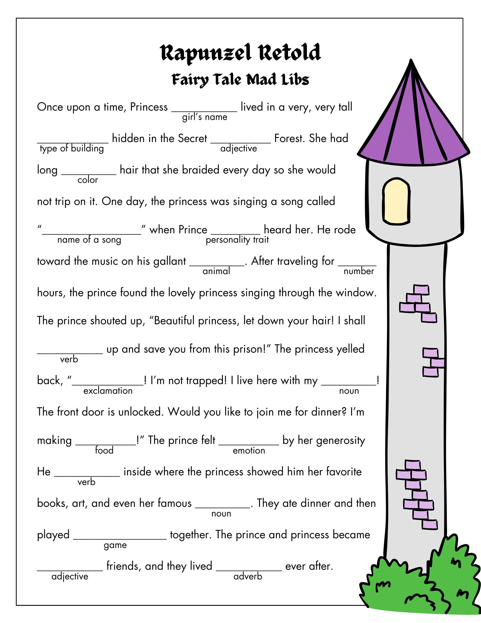 Fairy Tale Mad Libs Rapunzel Retold Download and Print Learning Word ...