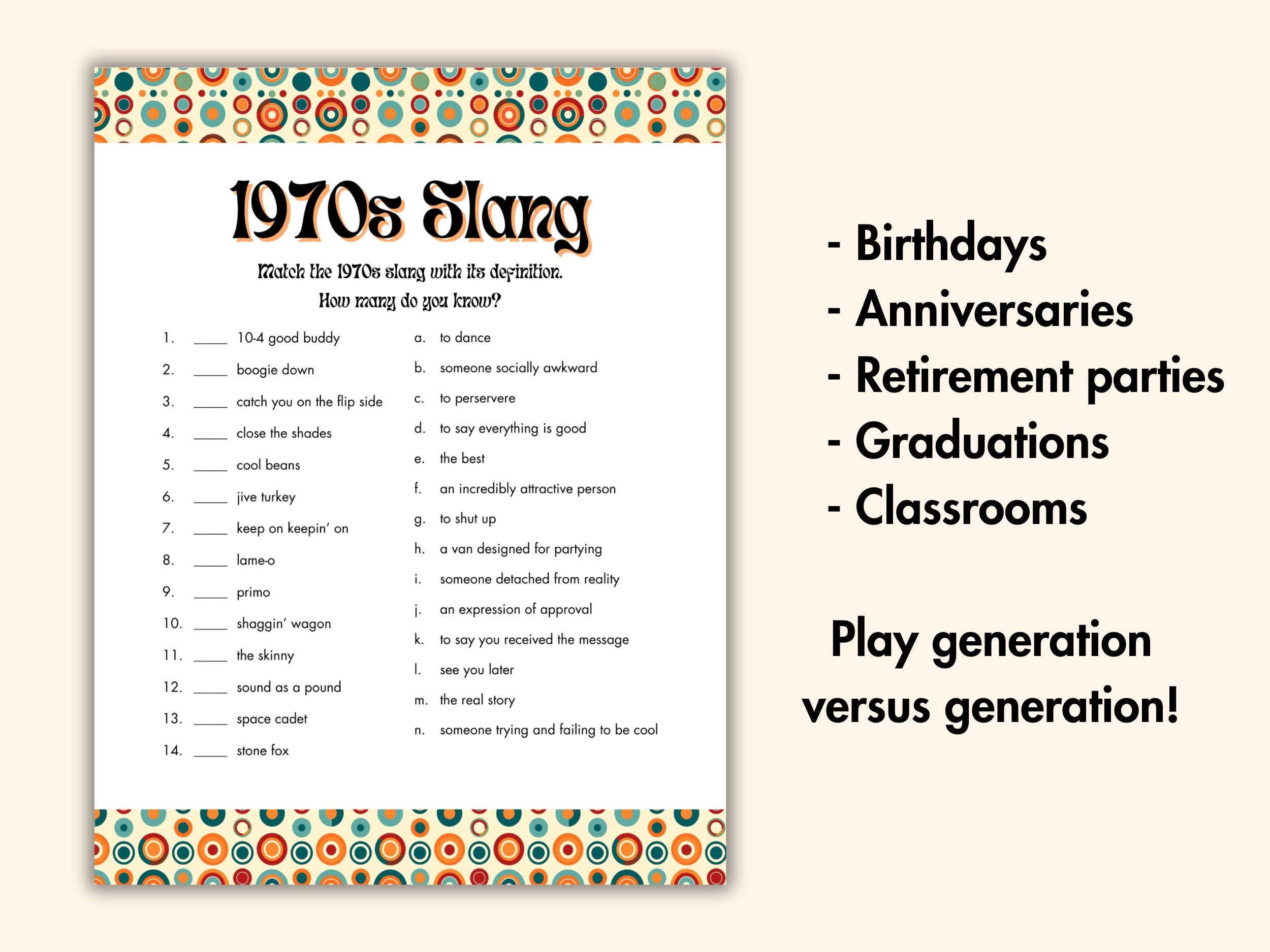 1970s Trivia Slang Game | Play With Kids and Adults | Digital Printable ...