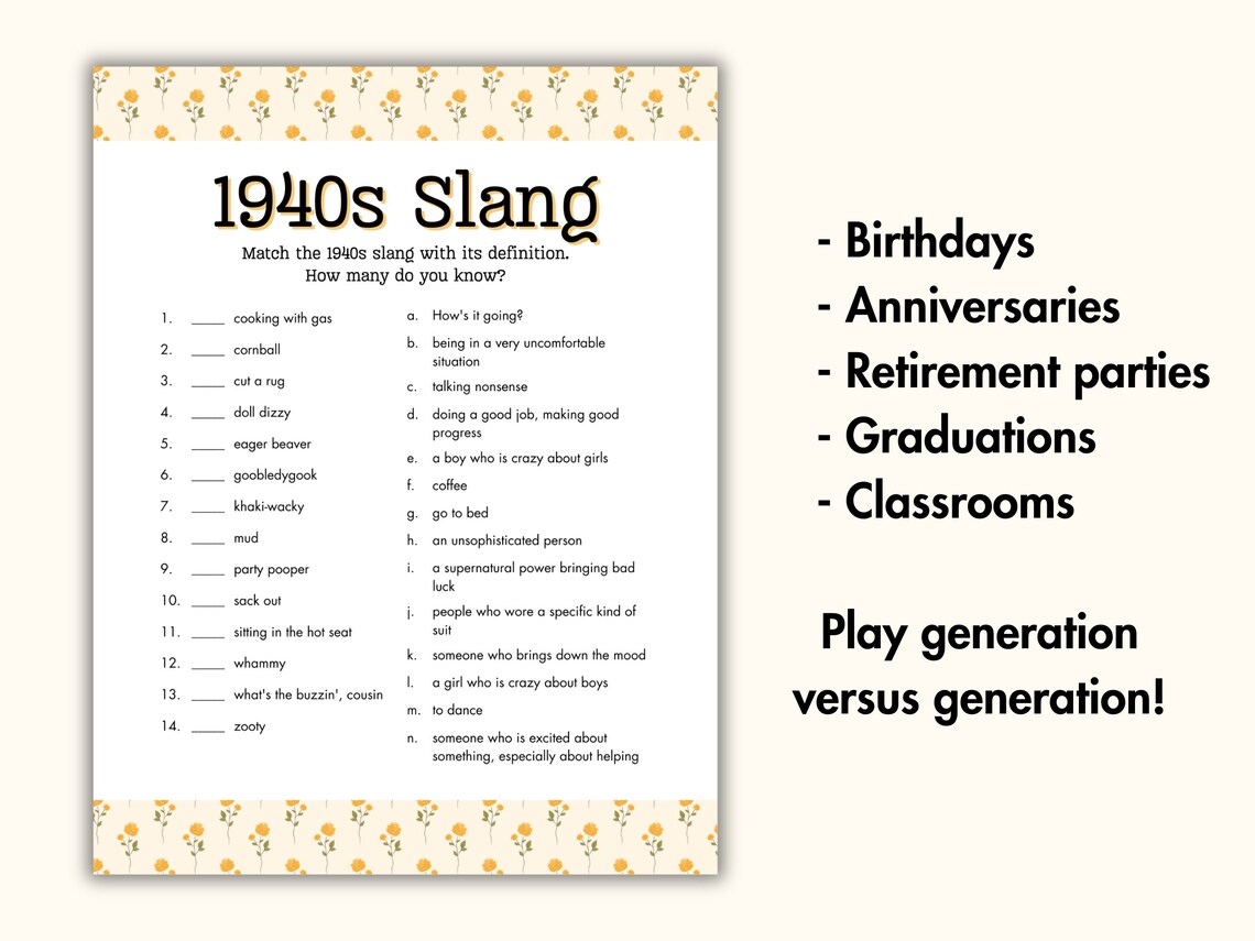 1940s Trivia Slang Game | Play With Kids and Adults | Digital Printable ...