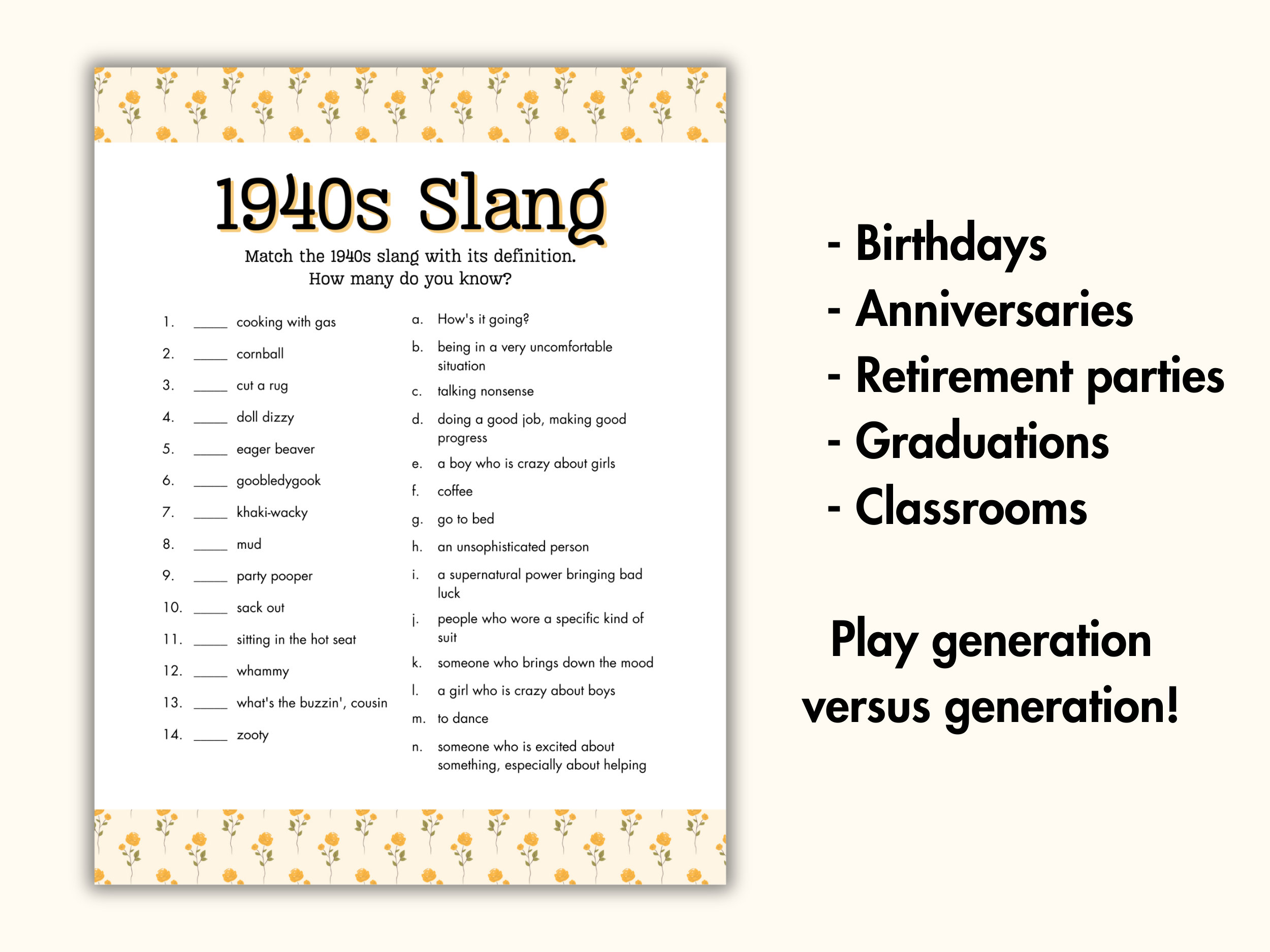 1940s Trivia Slang Game | Play With Kids and Adults | Digital Printable ...