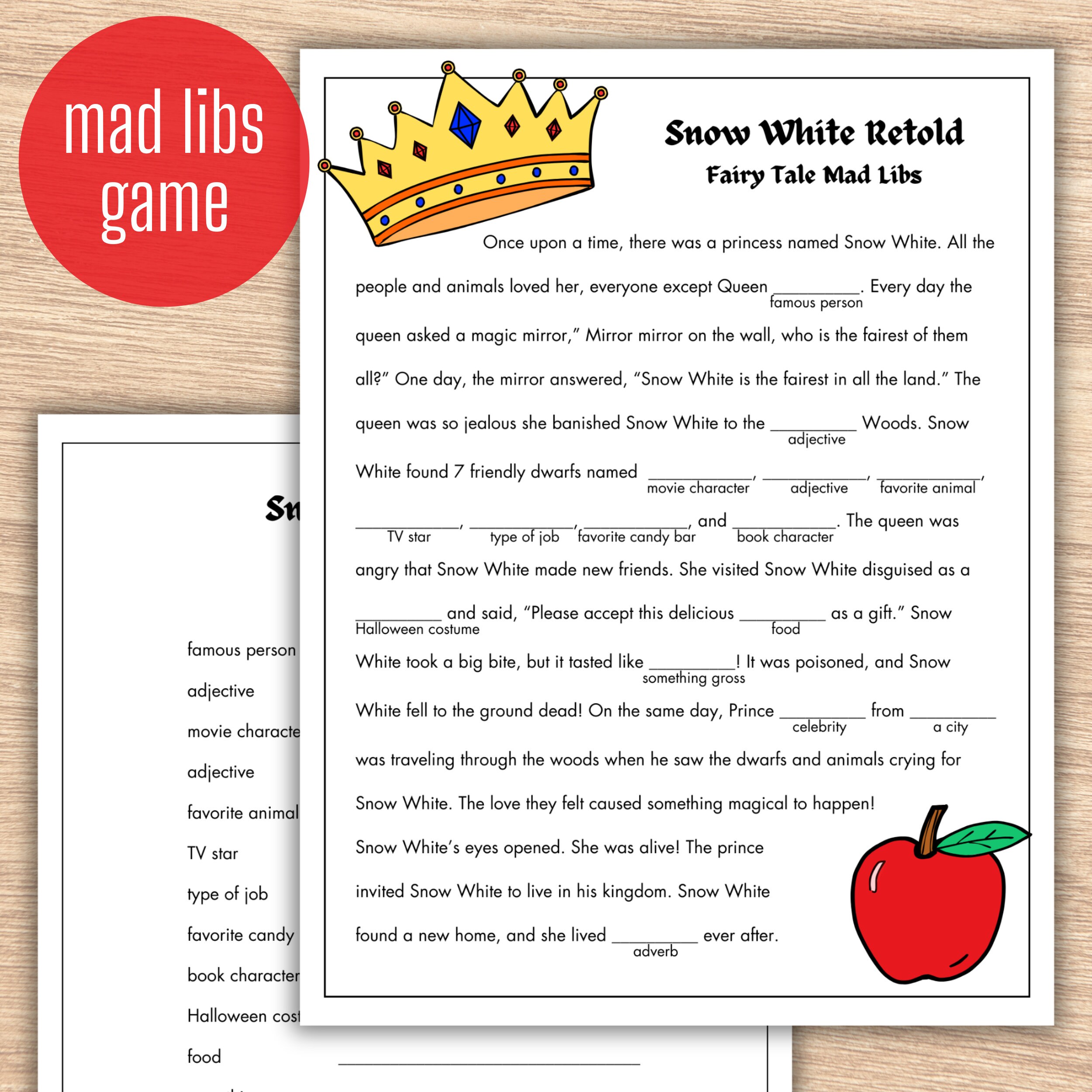 Fairy Tale Mad Libs Snow White Retold Download and Print Learning Word ...