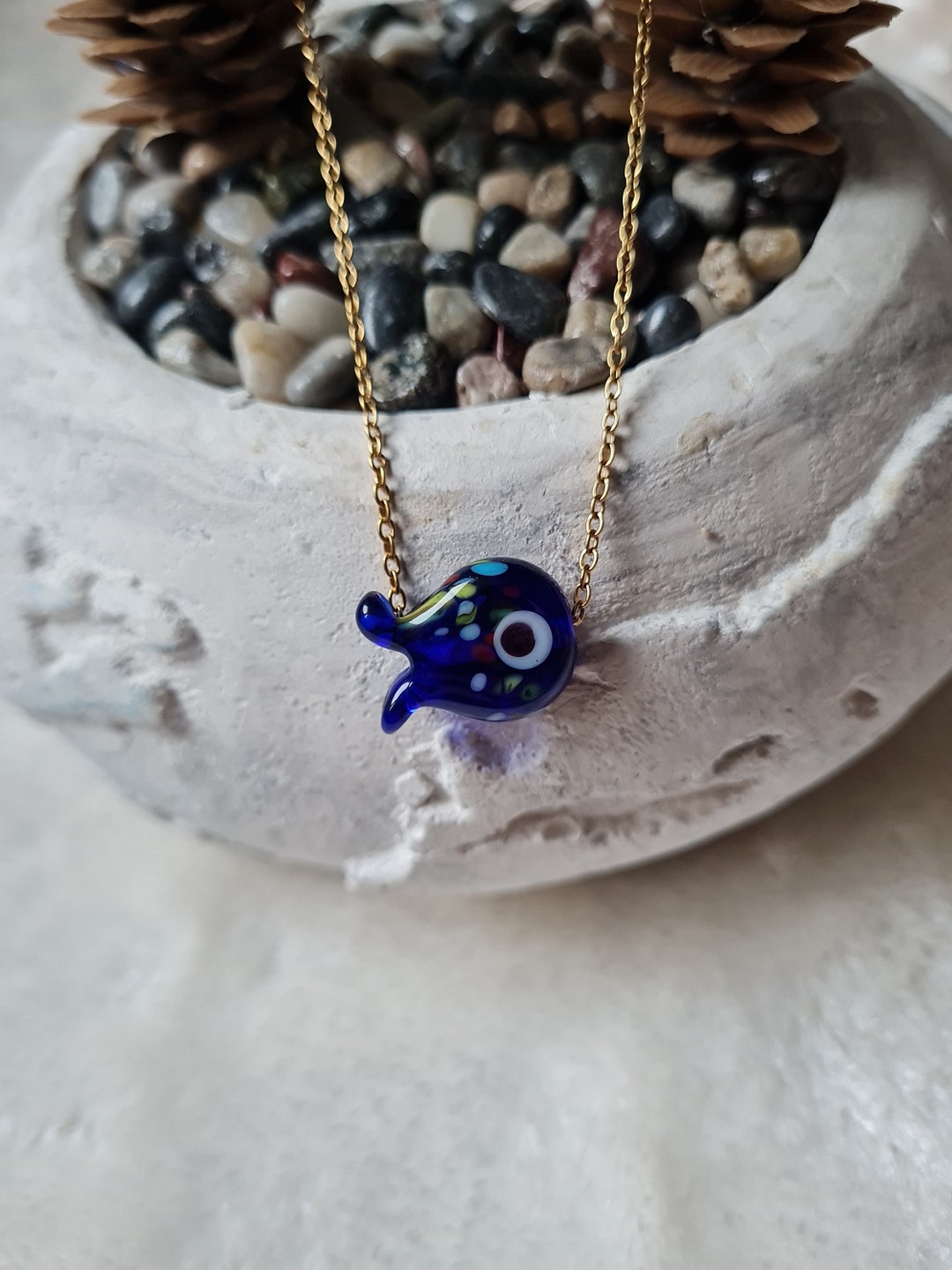 Murano Glass Evil Eye Fish Necklace With Stainless Steel Chain Gold ...