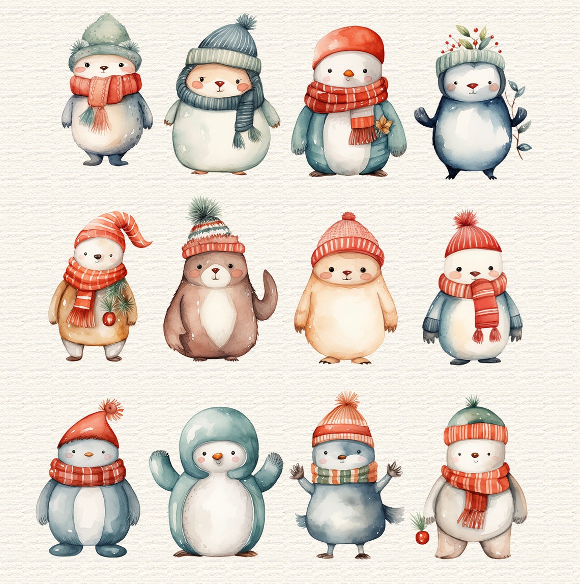 Christmas Winter Animals Clipart, Winter Holidays Watercolor Png ...