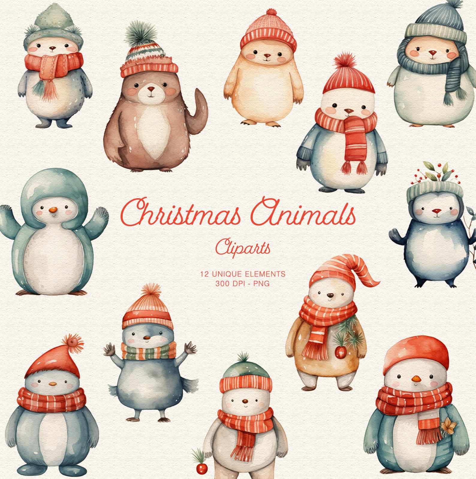 Christmas Winter Animals Clipart, Winter Holidays Watercolor Png ...