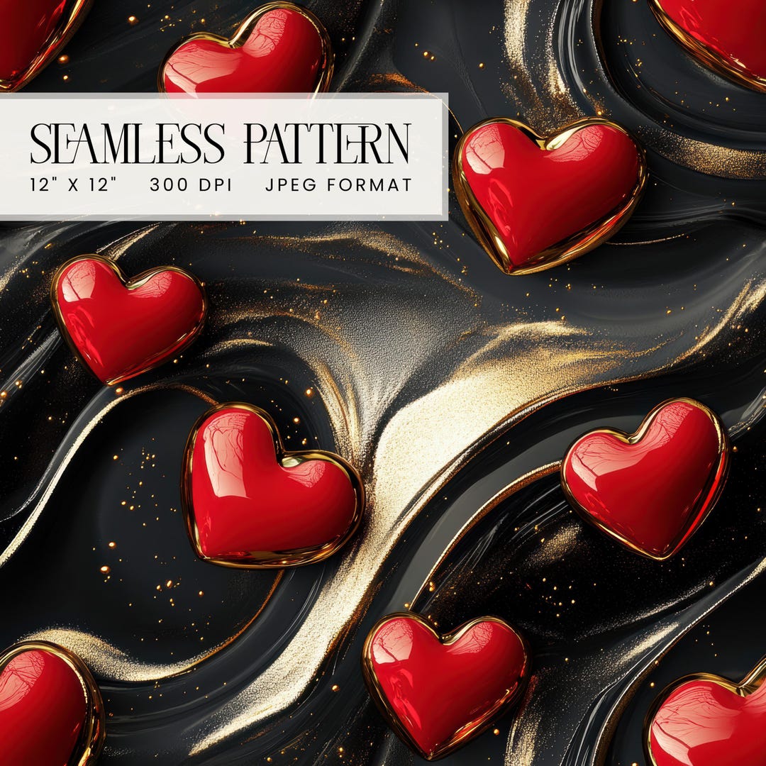 3D Glossy Red Hearts Seamless Digital Paper, Gold & Red Heart Digital ...