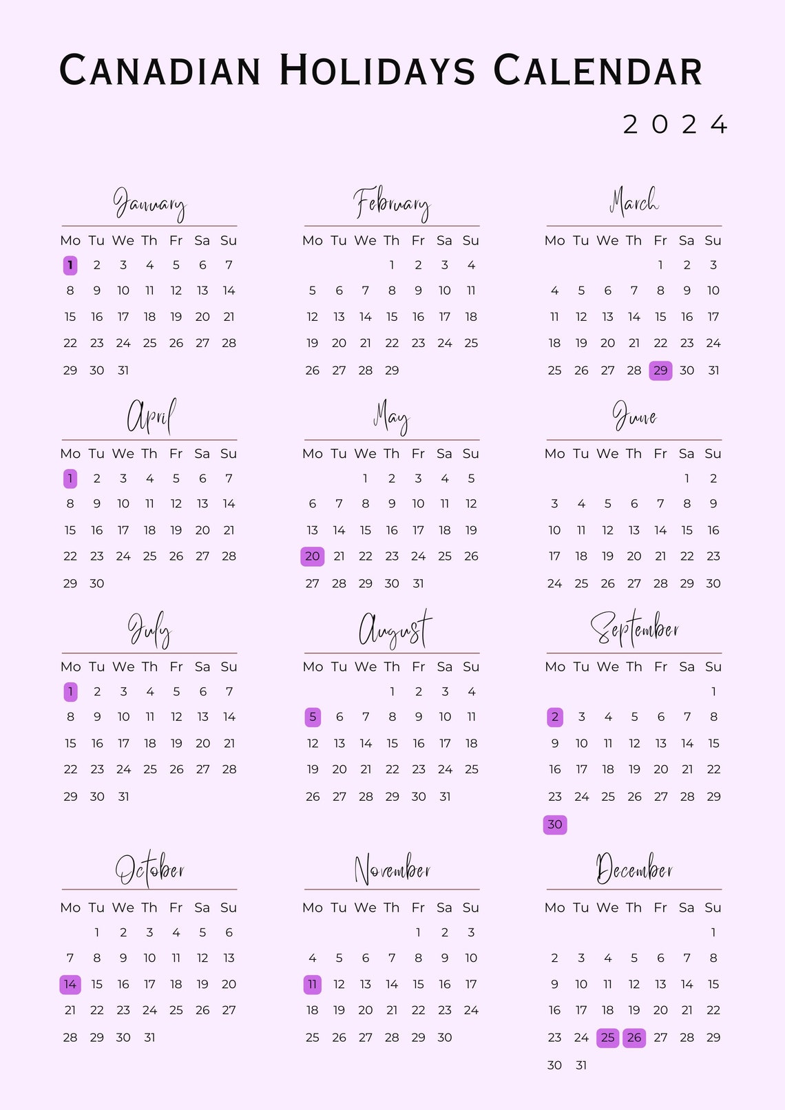 2024 Calendar Lavendar Canadian Federal Holidays for - Etsy Canada