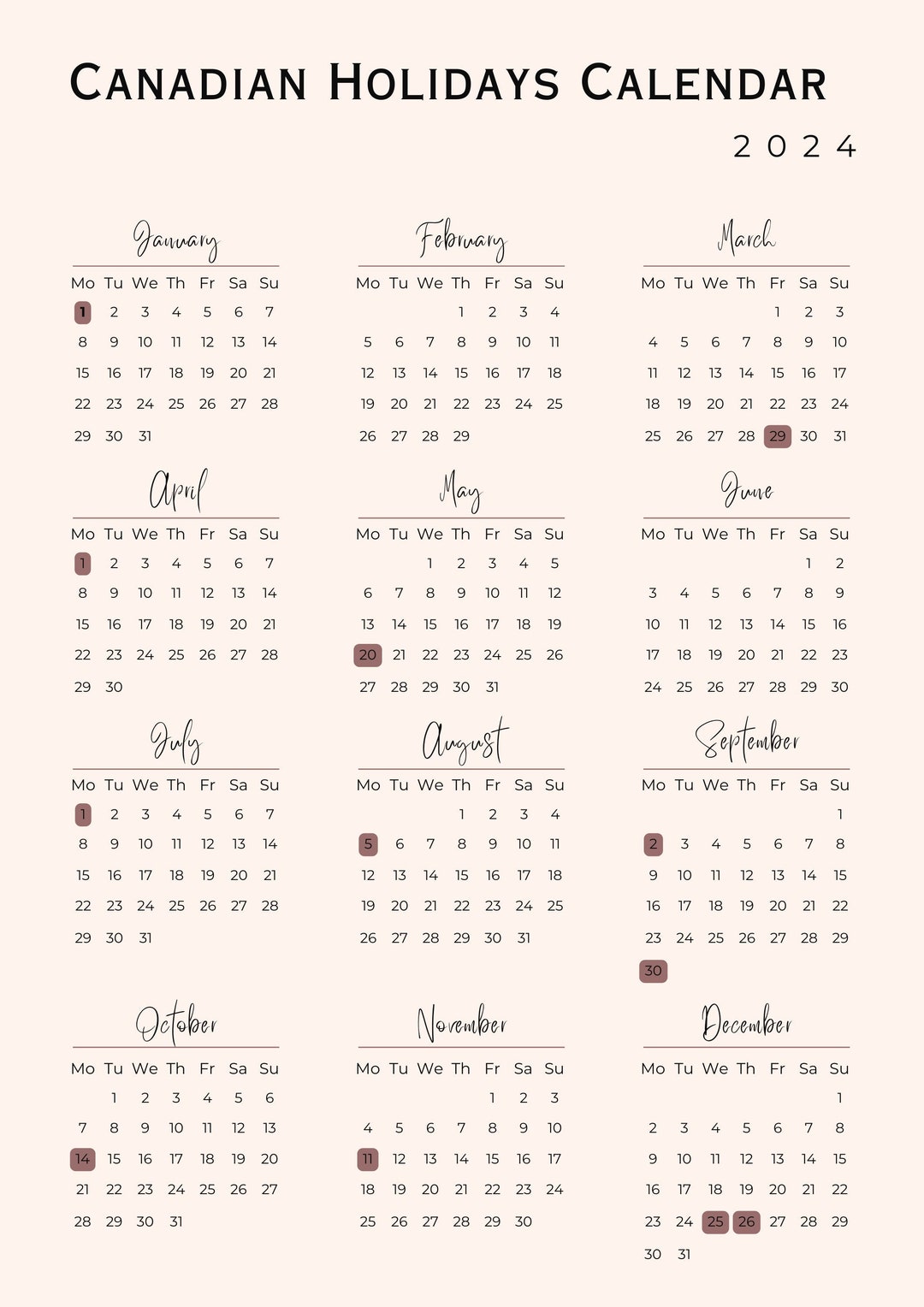 Beige 2024 Canadian Holidays Calendar Federal Holdiays for Office ...