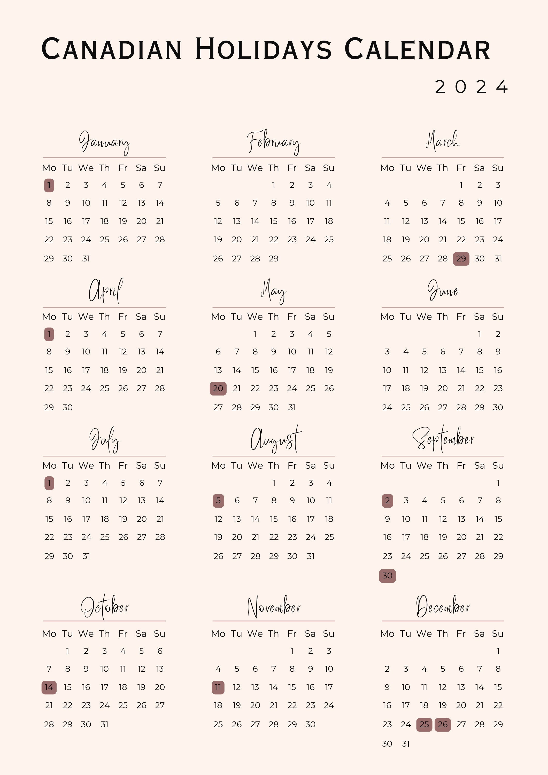 Beige 2024 Canadian Holidays Calendar Federal Holdiays for Office ...