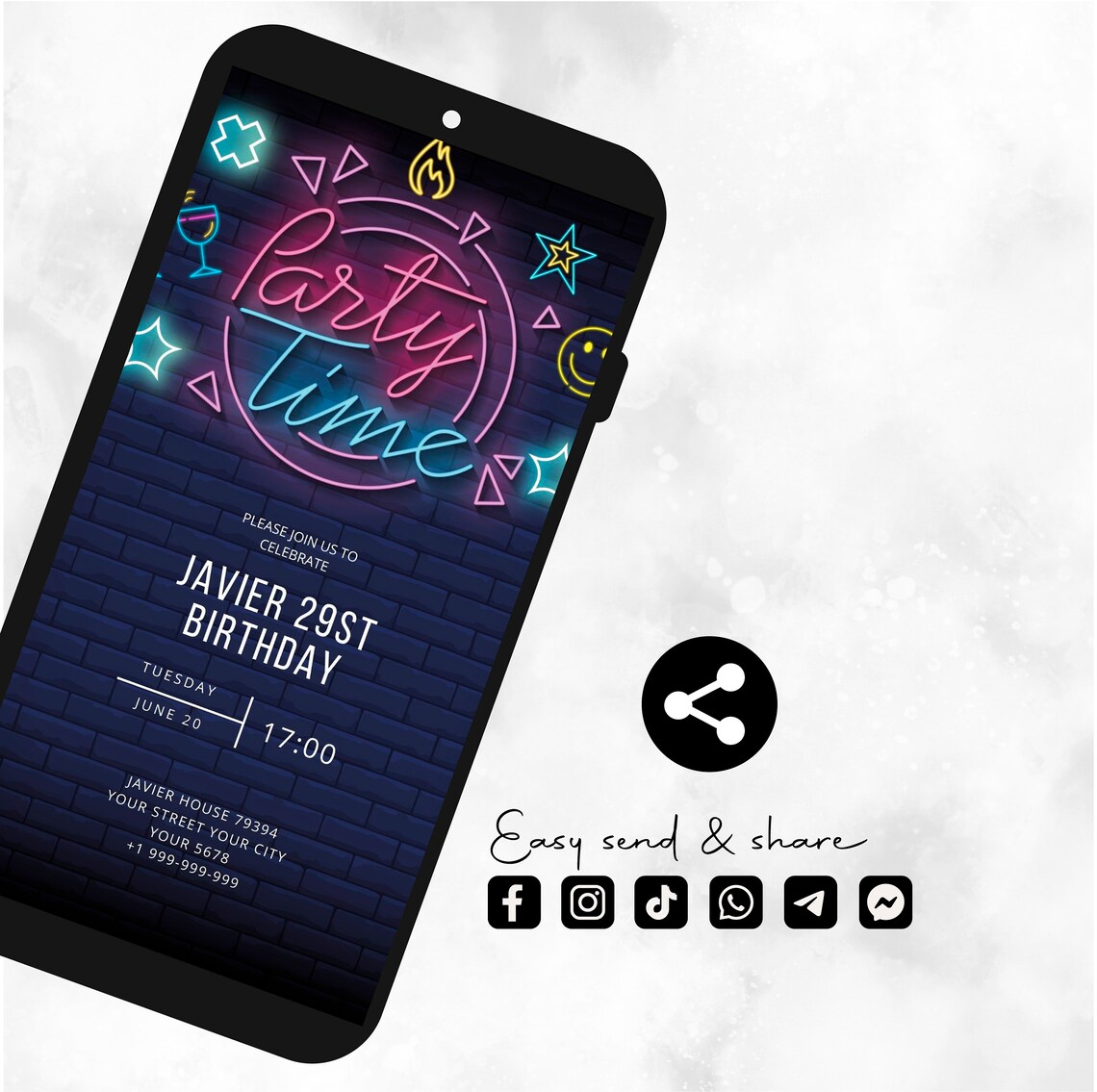 Digital Party E-invitation Template With Neon Colorful Light, Birthday ...