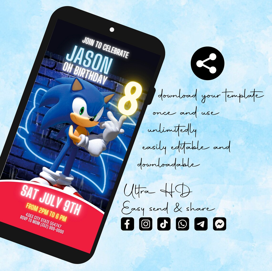 Sonic Birthday Invitation / Super Sonic Invitation / Sonic the Hedgehog ...