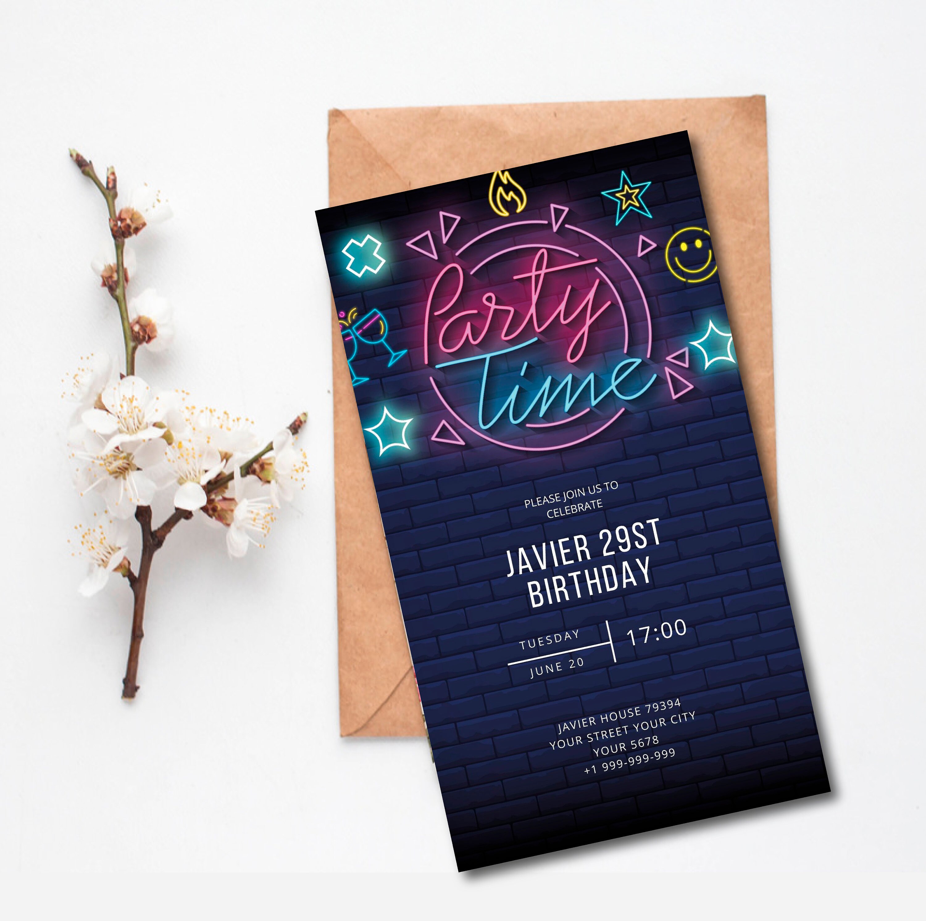 Digital Party E-invitation Template With Neon Colorful Light, Birthday ...