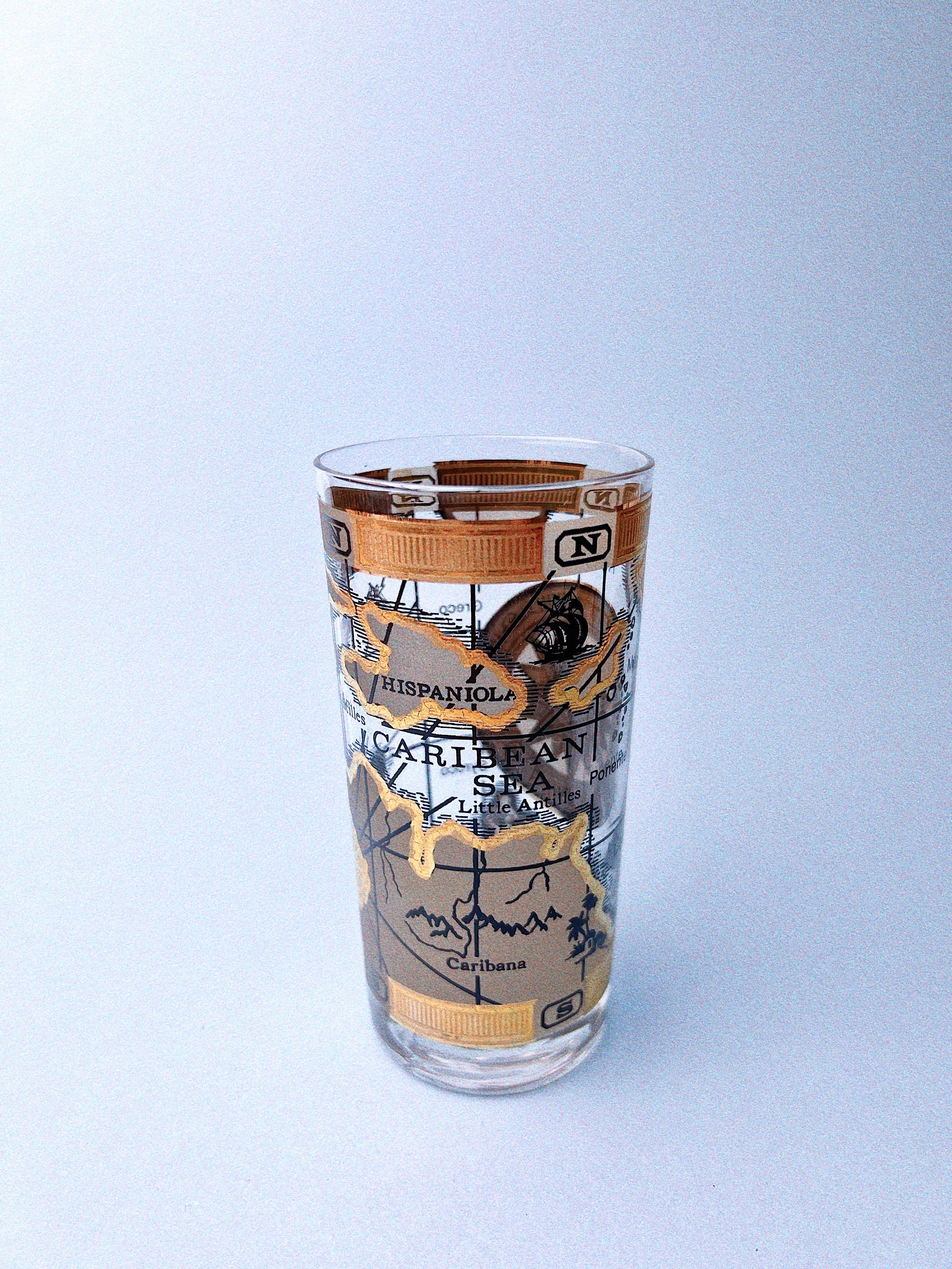 Vintage Cera Old World Map High Ball Glasses, Set of 8 With Caddy - 22K ...
