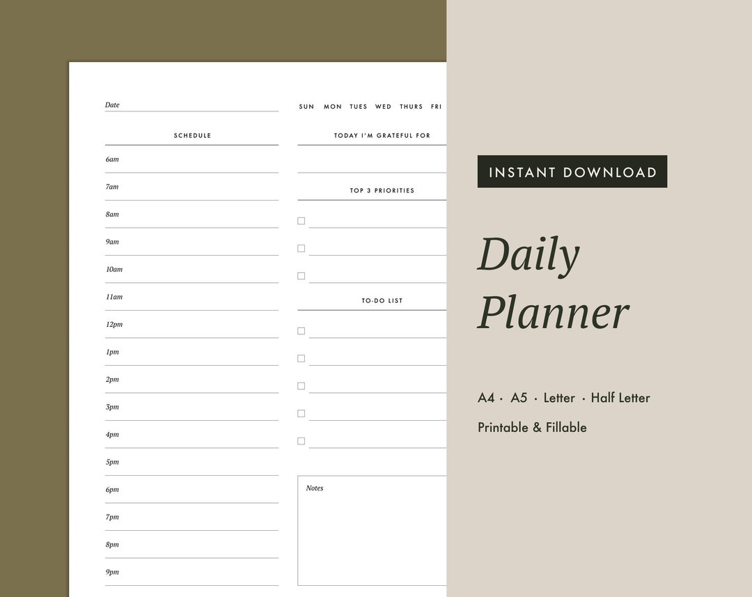 Daily Planner Printable Template Instant Download – A4, A5, US Letter ...