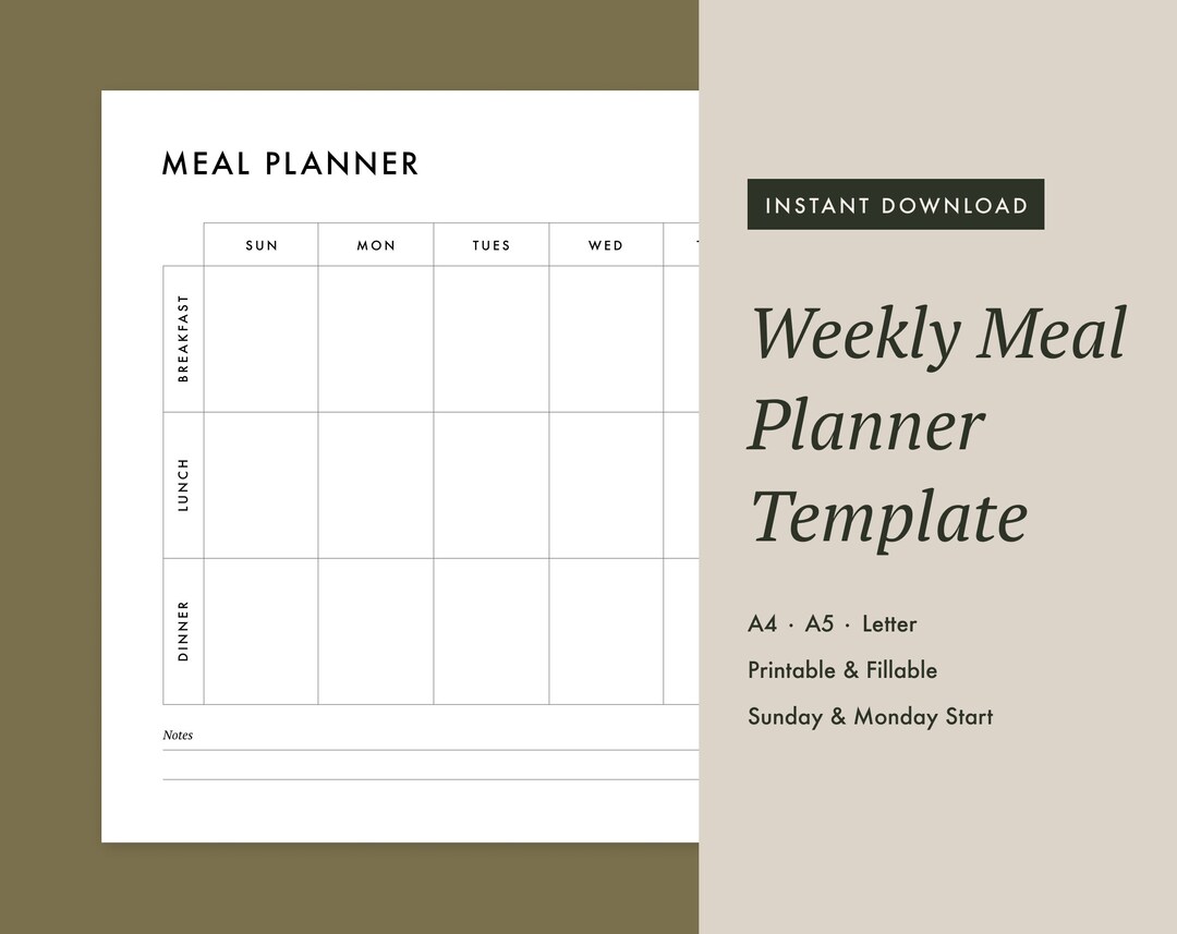 Printable Weekly Meal Planner - Letter, A4, A5 Template Pages - Etsy