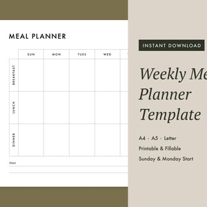 Printable Weekly Meal Planner - Letter, A4, A5 Template Pages - Etsy