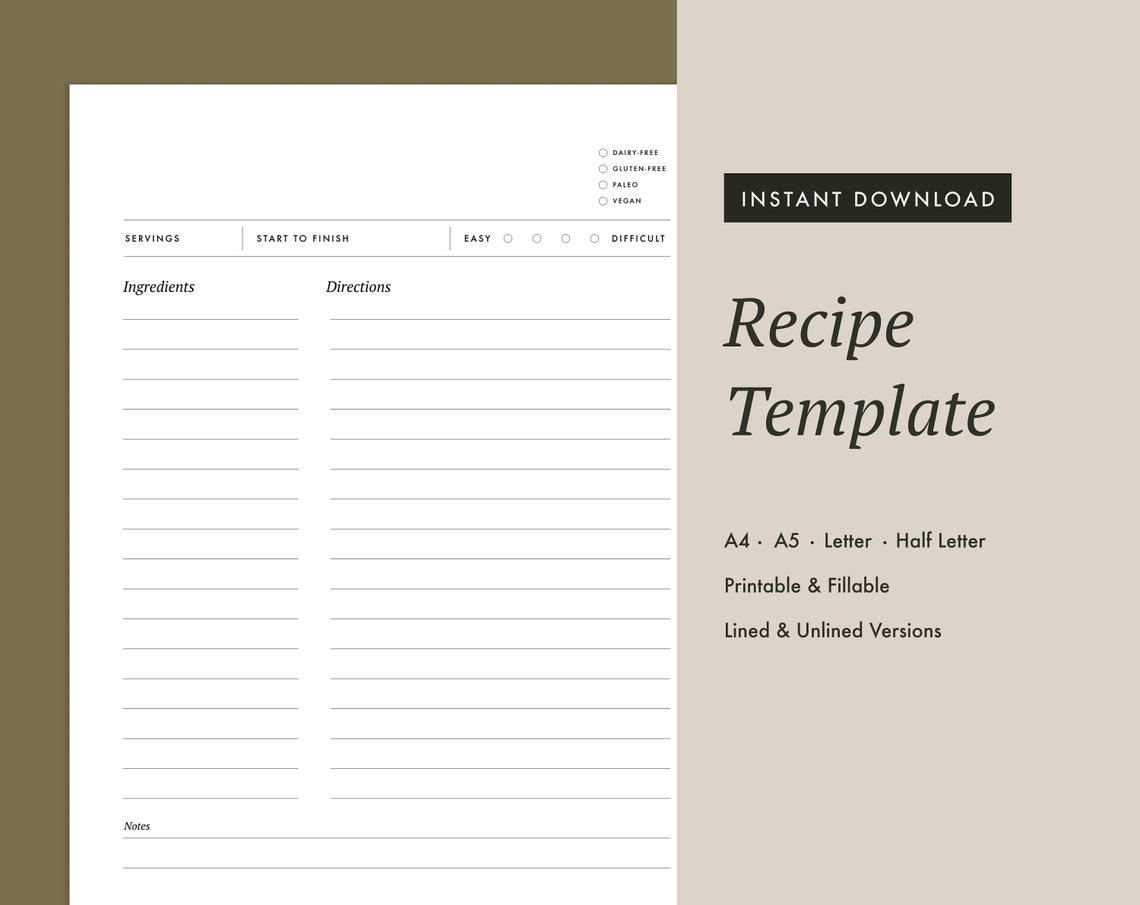 Printable Recipe Book Template – Letter, A4, A5, Half Letter Pages - Etsy