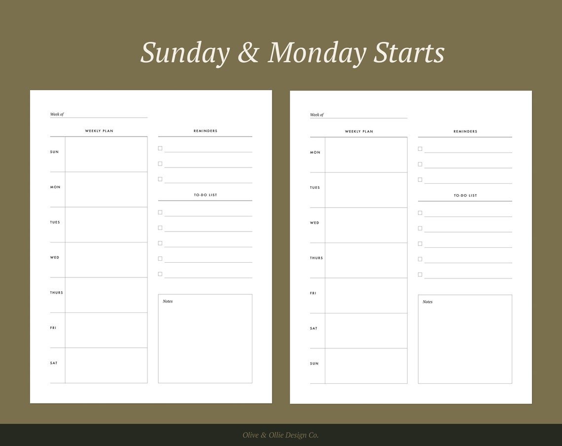 One-page Weekly Planner Printable Template - A4, A5, US Letter, Half ...