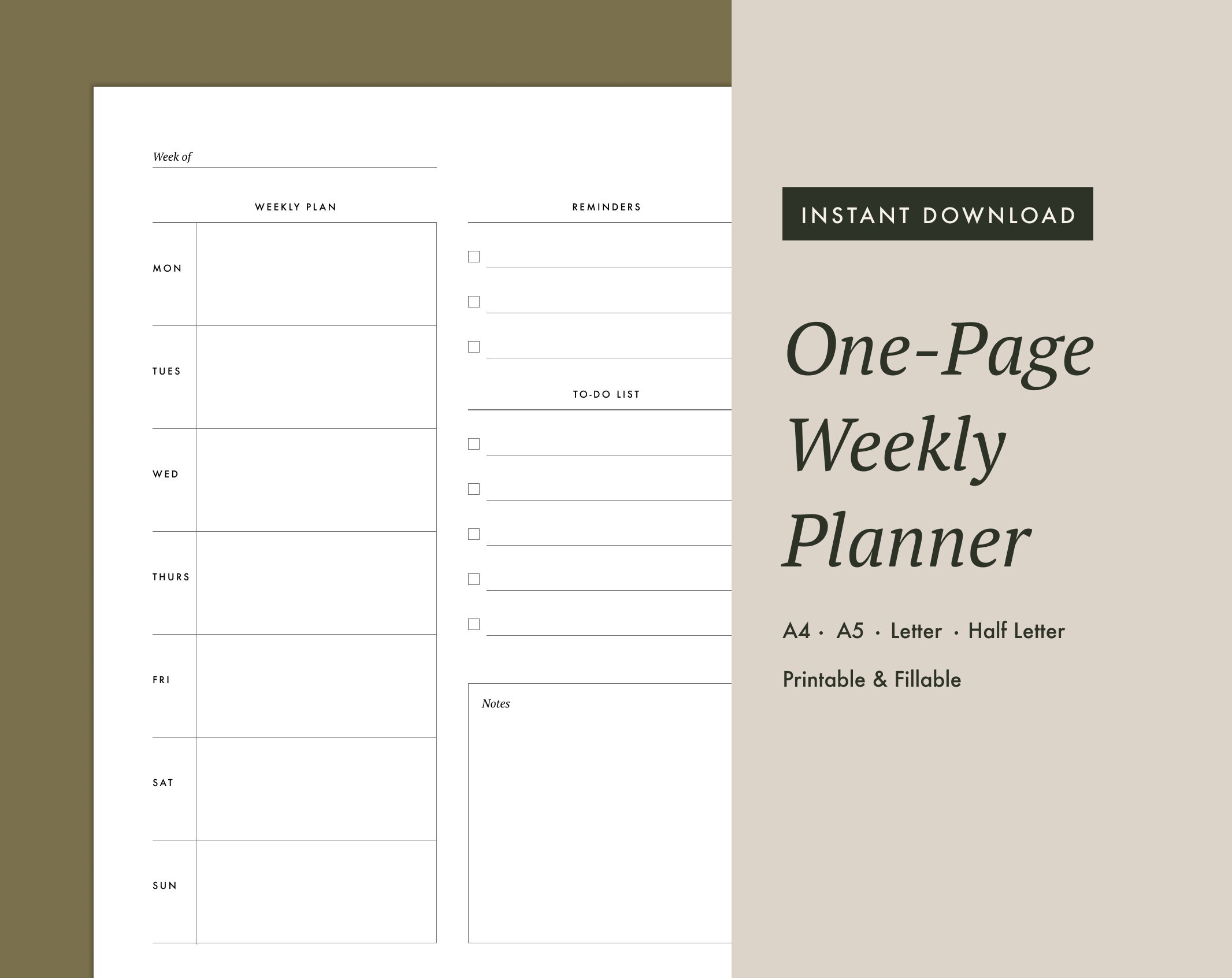 One-page Weekly Planner Printable Template - A4, A5, US Letter, Half ...