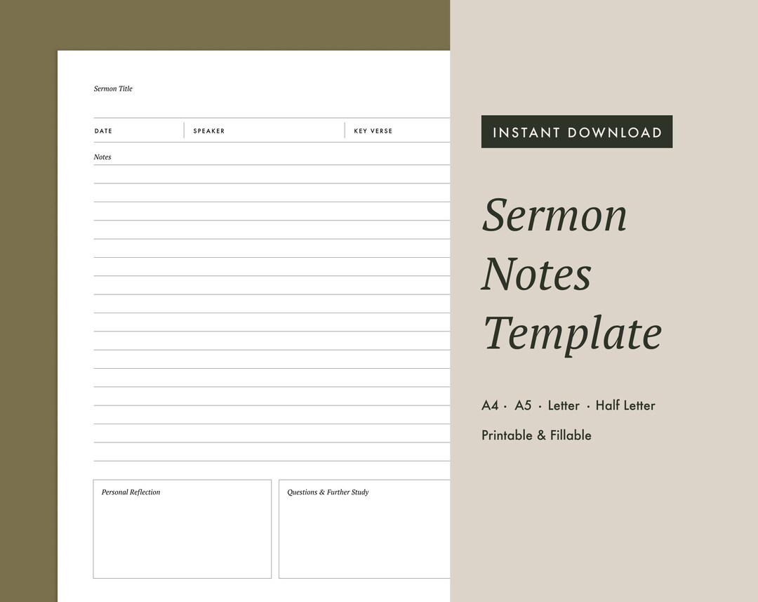 Printable Sermon Notes Template - A4, A5, US Letter, and Half Letter ...