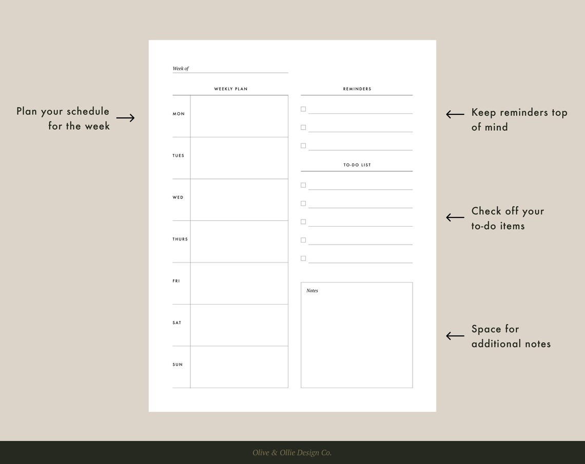 One-page Weekly Planner Printable Template - A4, A5, US Letter, Half ...