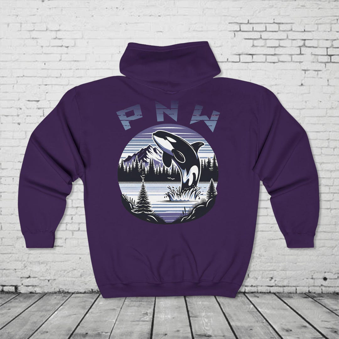 PNW Orca Hoodie Pacific Northwest Whale Design Mountains and Forest ...
