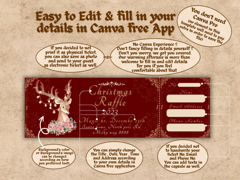 Editable Christmas Raffle Ticket/ Vintage Pastel Flower Reindeer ...