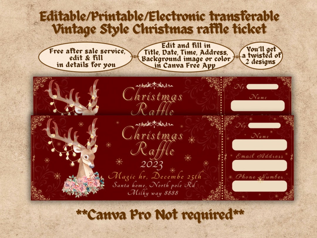 Editable Christmas Raffle Ticket/ Vintage Pastel Flower Reindeer ...