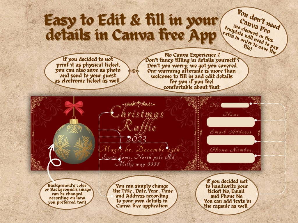 Editable/printable Christmas Raffle Ticket/vintage Grey Christmas Ball ...