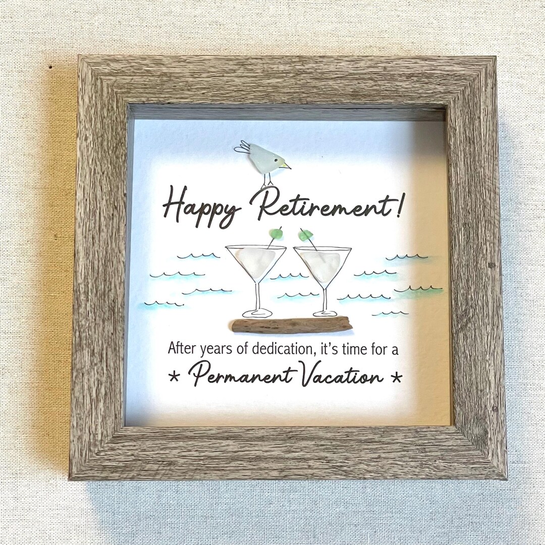 Framed Sea Glass happy Retirement Art Shadow Box Square Driftwood Frame ...