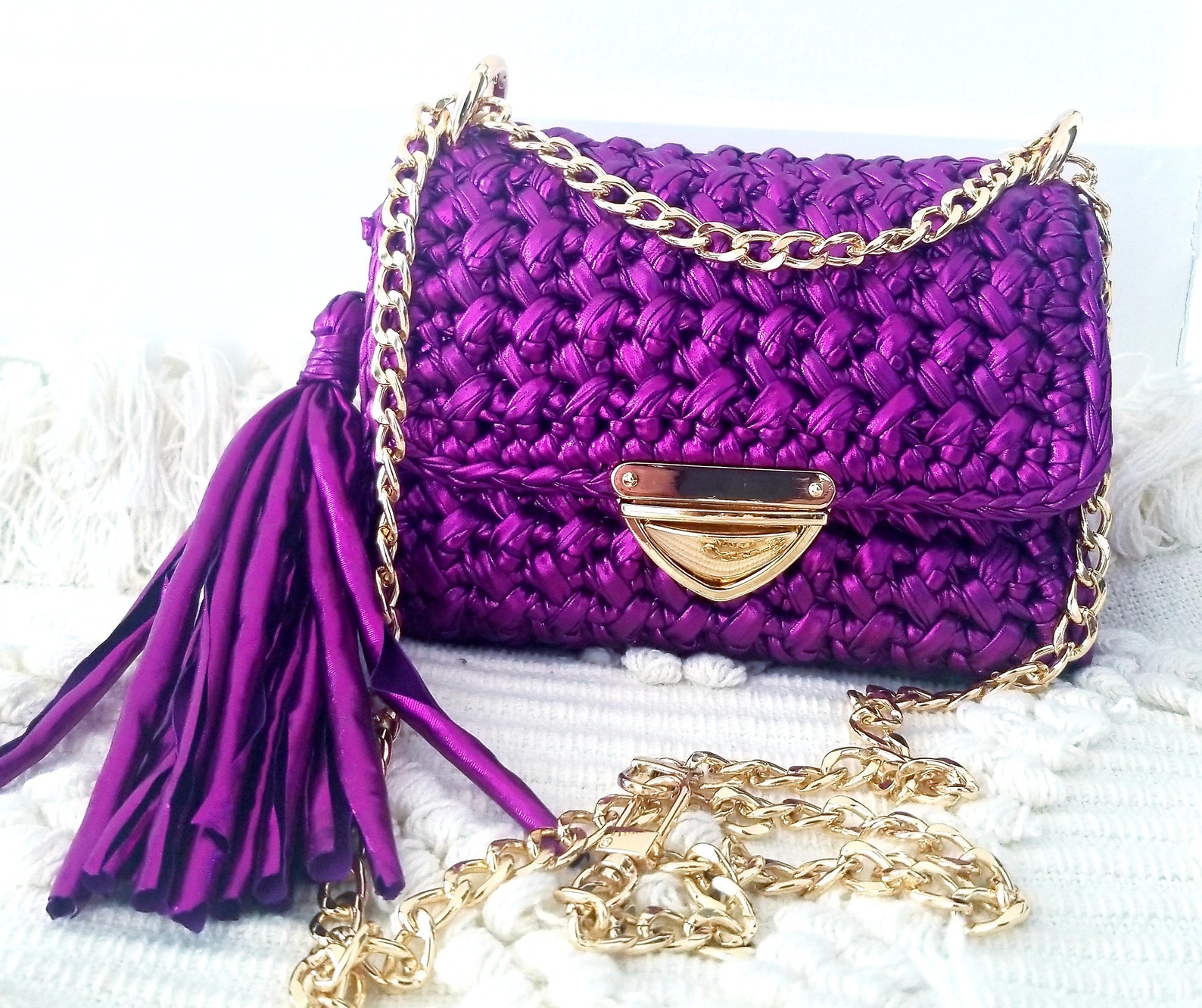 Shiny Bag/leather Look /handmade Bag/hand Woven Bag/crochet Bag/knitted ...