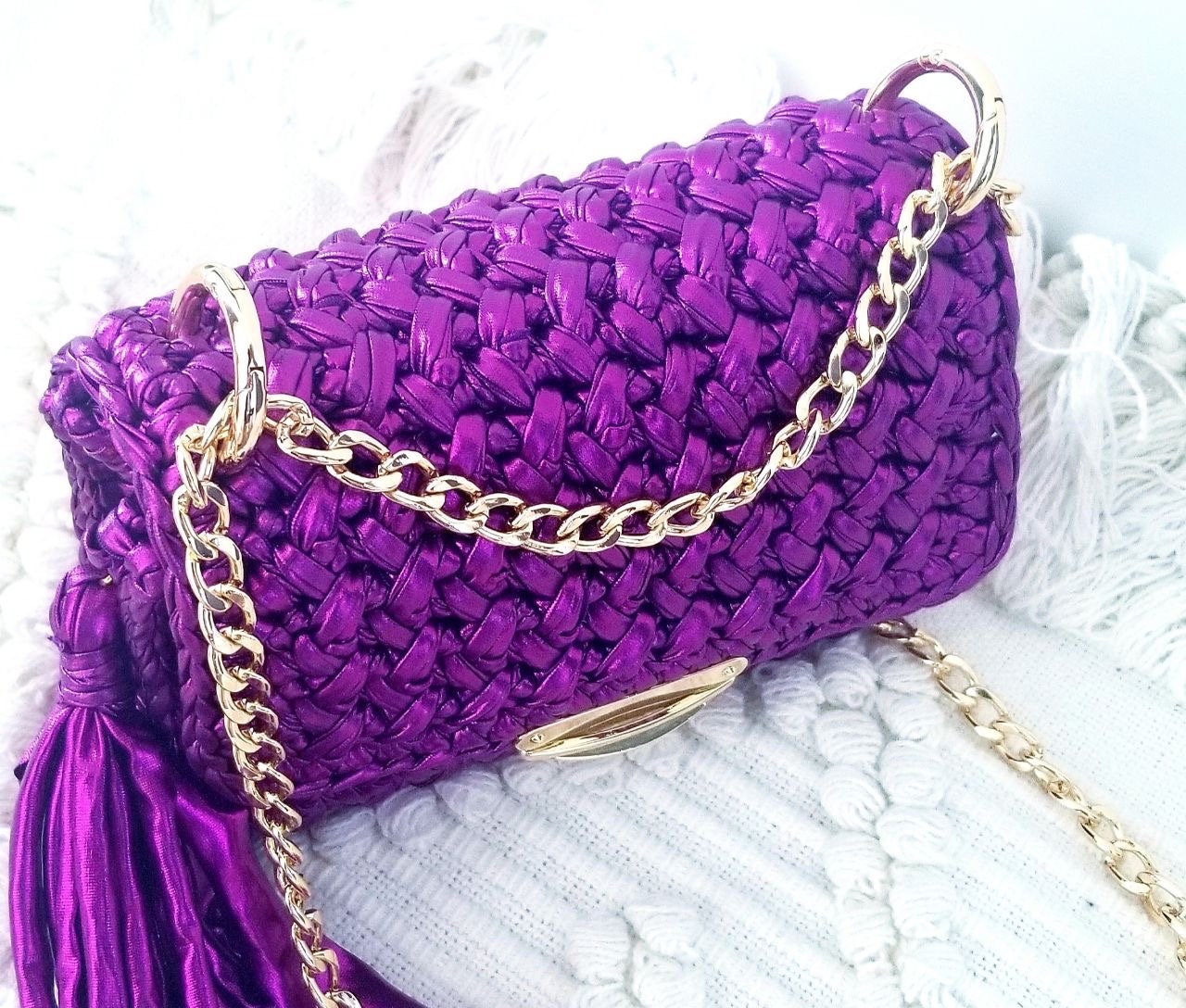 Shiny Bag/leather Look /handmade Bag/hand Woven Bag/crochet Bag/knitted ...